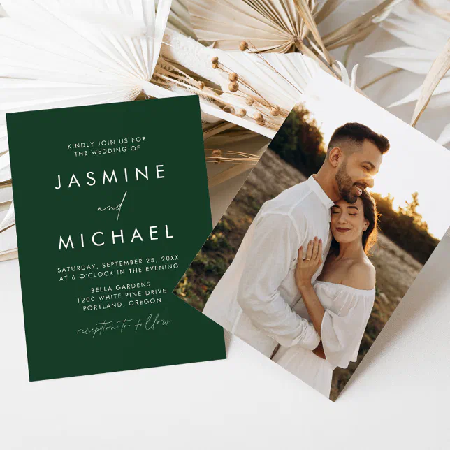 Modern Minimalist Script Green Photo Wedding Invitation | Zazzle