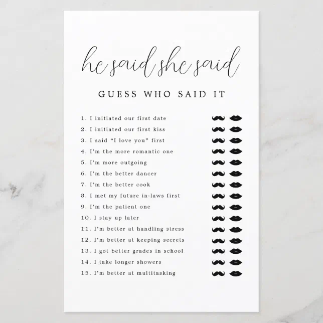 Modern Minimalist Script He Said She Said Game | Zazzle