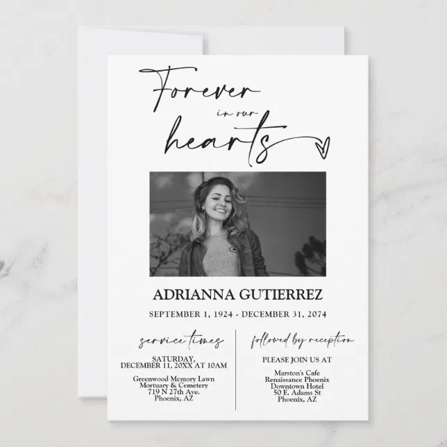 Modern Minimalist Script Memorial Photo Funeral Invitation | Zazzle