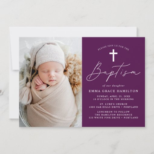 Modern Minimalist Script Purple Photo Baptism Invitation | Zazzle