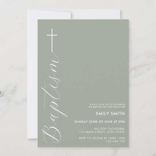 Modern Minimalist Script Sage Green Baptism Invitation | Zazzle