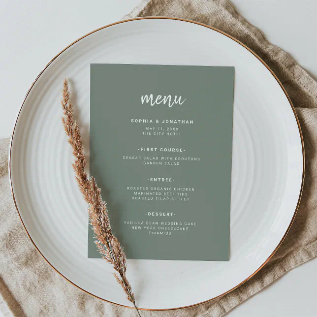 Modern Minimalist Script Sage Green | Wedding Menu | Zazzle