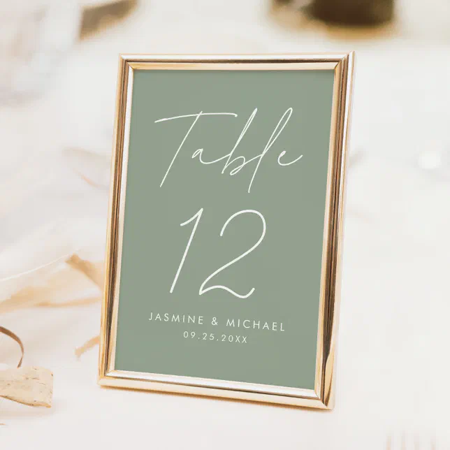 Modern Minimalist Script Sage Green Wedding Table Number | Zazzle