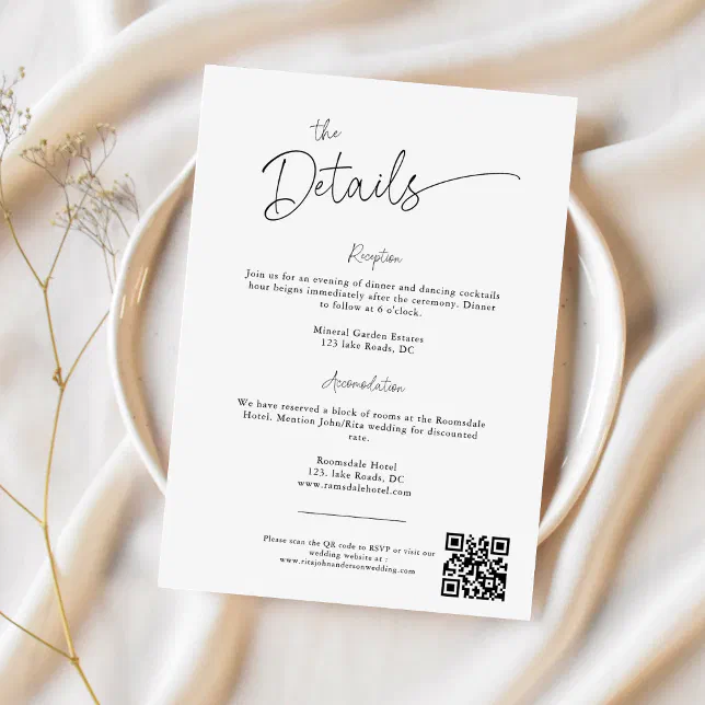 Modern Minimalist Script Wedding Details Enclosure Card | Zazzle