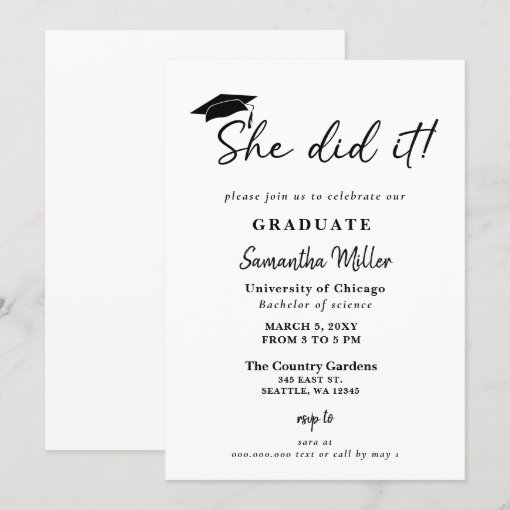 Modern Minimalist She Did It Graduation Invitation | Zazzle