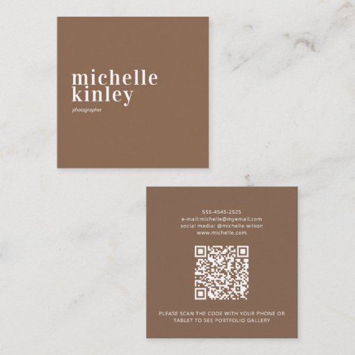 Modern minimalist simple QR code personal brown Square Business Card ...