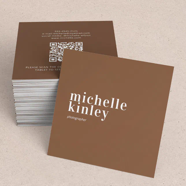 Modern minimalist simple QR code personal brown Square Business Card ...