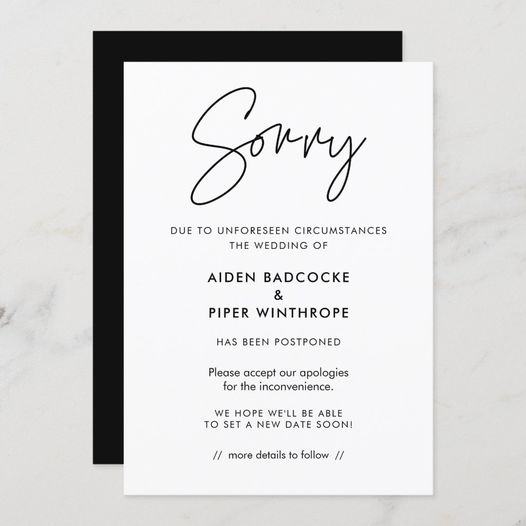 Modern minimalist Sorry wedding update card | Zazzle