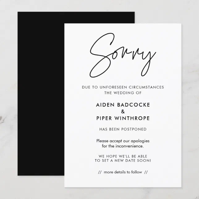 Modern minimalist Sorry wedding update card | Zazzle