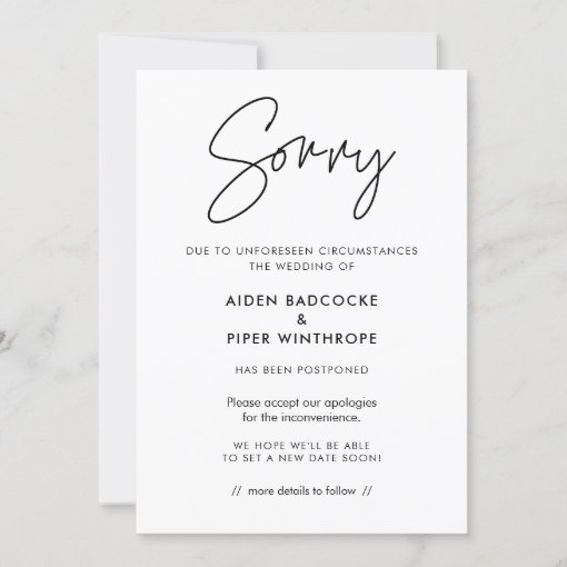 Modern minimalist Sorry wedding update card | Zazzle