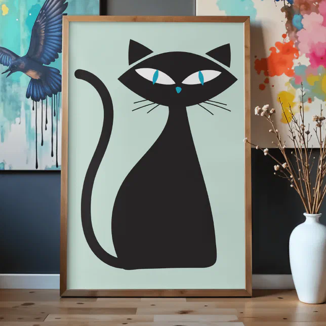 Modern Minimalist Stylish Retro Atomic Black Cat Poster | Zazzle