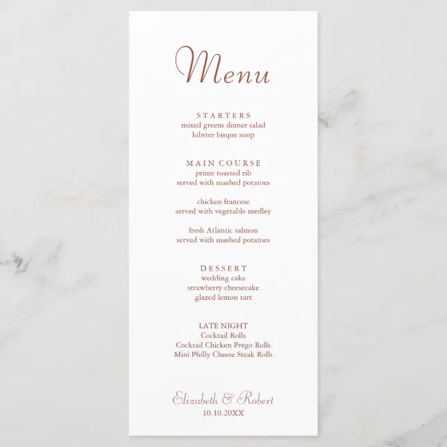 Modern Minimalist Terracotta White Wedding Menu | Zazzle