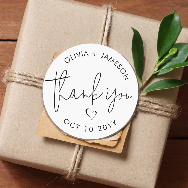 Modern Minimalist Thank You Script Heart Wedding Classic Round Sticker ...