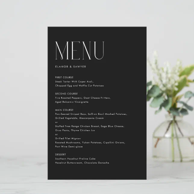 Modern Minimalist Typography Black Menu Card | Zazzle