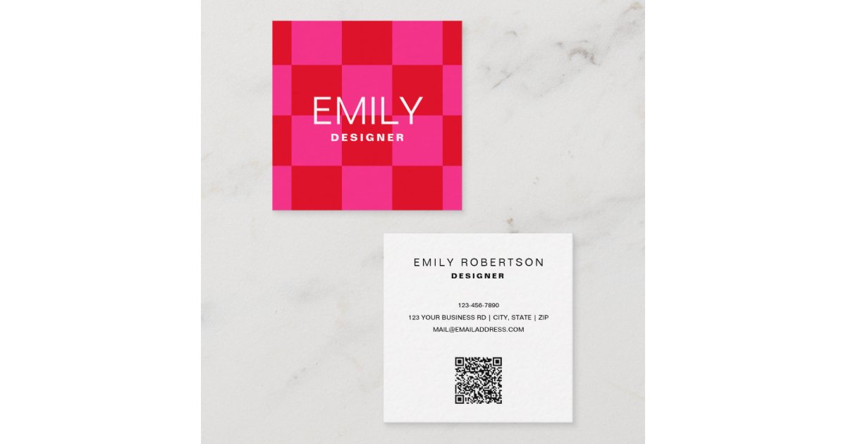 Modern Minimalist Typography | Checker Pink Red Square Business Card ...