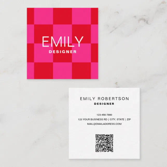 Modern Minimalist Typography | Checker Pink Red Square Business Card ...