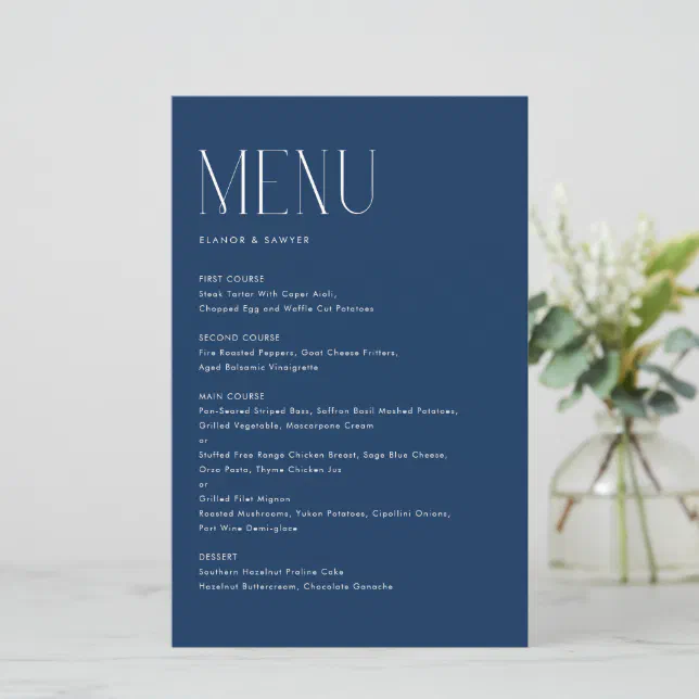 Modern Minimalist Typography Navy Blue Menu Card | Zazzle