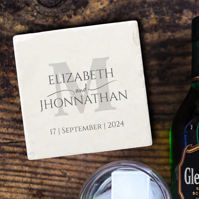 Modern Minimalist Wedding Grey Monogram Script Stone Coaster | Zazzle