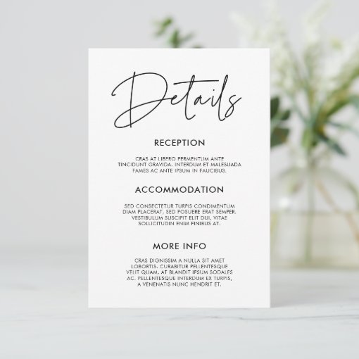 Modern minimalist wedding guest information card | Zazzle