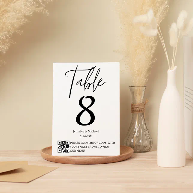 modern minimalist wedding qr code menu & table number | Zazzle