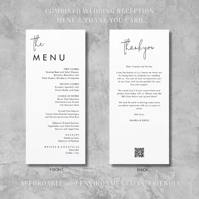 Modern Minimalist Wedding Reception Thank You & Menu | Zazzle