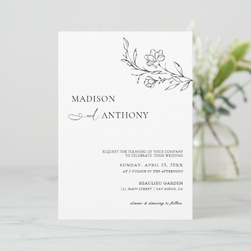 Modern Minimalist White Floral Line Art Wedding Invitation | Zazzle