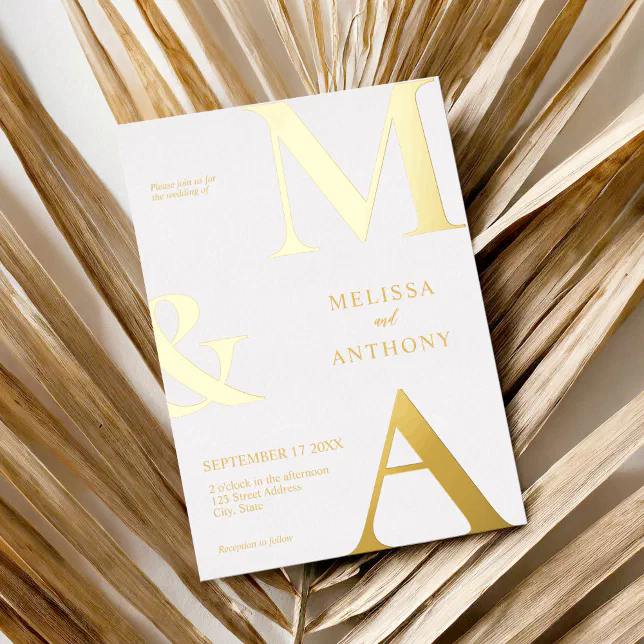 Modern Minimalist White Monogram Wedding Foil Invitation | Zazzle