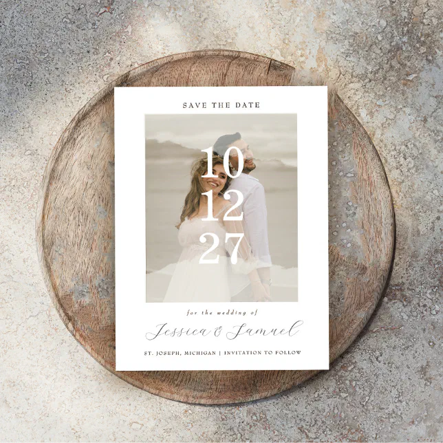 Modern Minimalist White Overlay Photo Wedding Save The Date | Zazzle