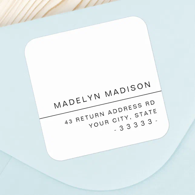 Modern minimalist white return address square sticker | Zazzle