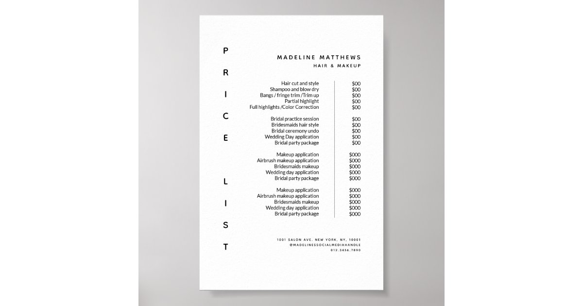 Modern Minimalist White Salon Price List Menu Poster | Zazzle