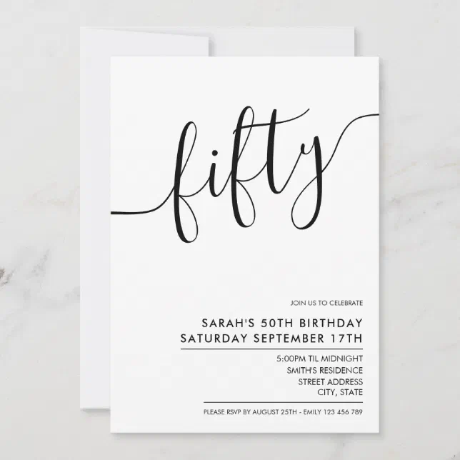 Modern Minimalist White Script 50th Birthday Invitation | Zazzle