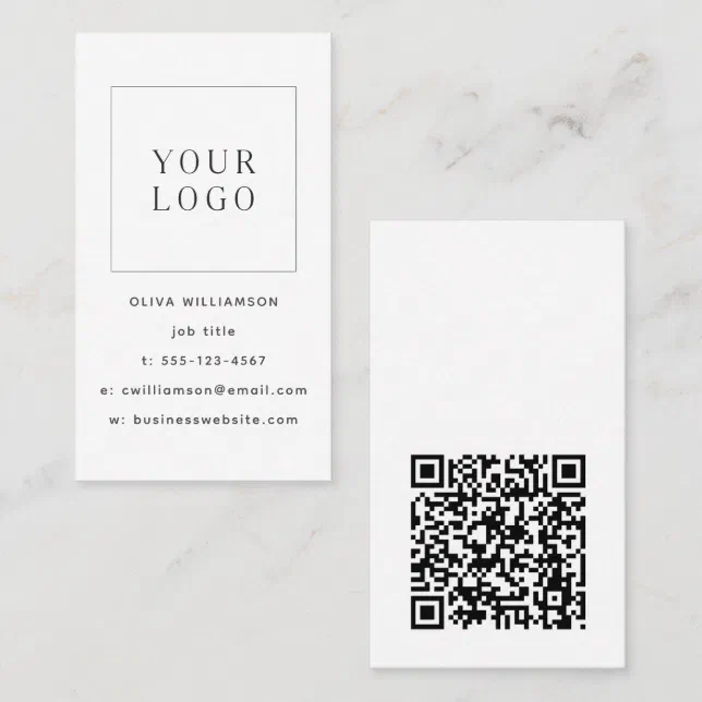 Modern Minimalist White Vertical Logo QR Code Business Card | Zazzle