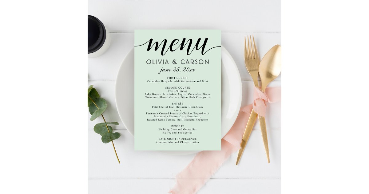 Modern Mint and Black Script Wedding Menu | Zazzle