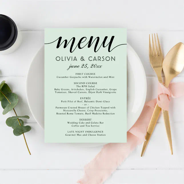 Modern Mint and Black Script Wedding Menu | Zazzle