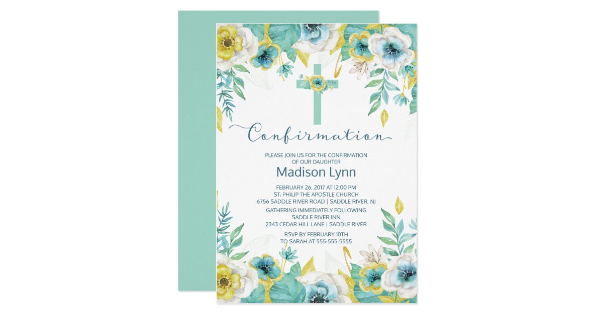 Modern Mint Floral Cross Confirmation Invitation | Zazzle.com
