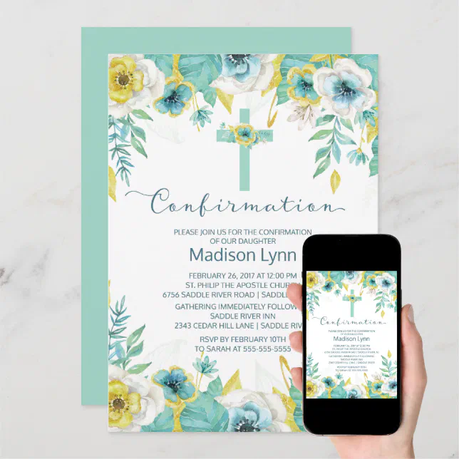 Modern Mint Floral Cross Confirmation Invitation | Zazzle
