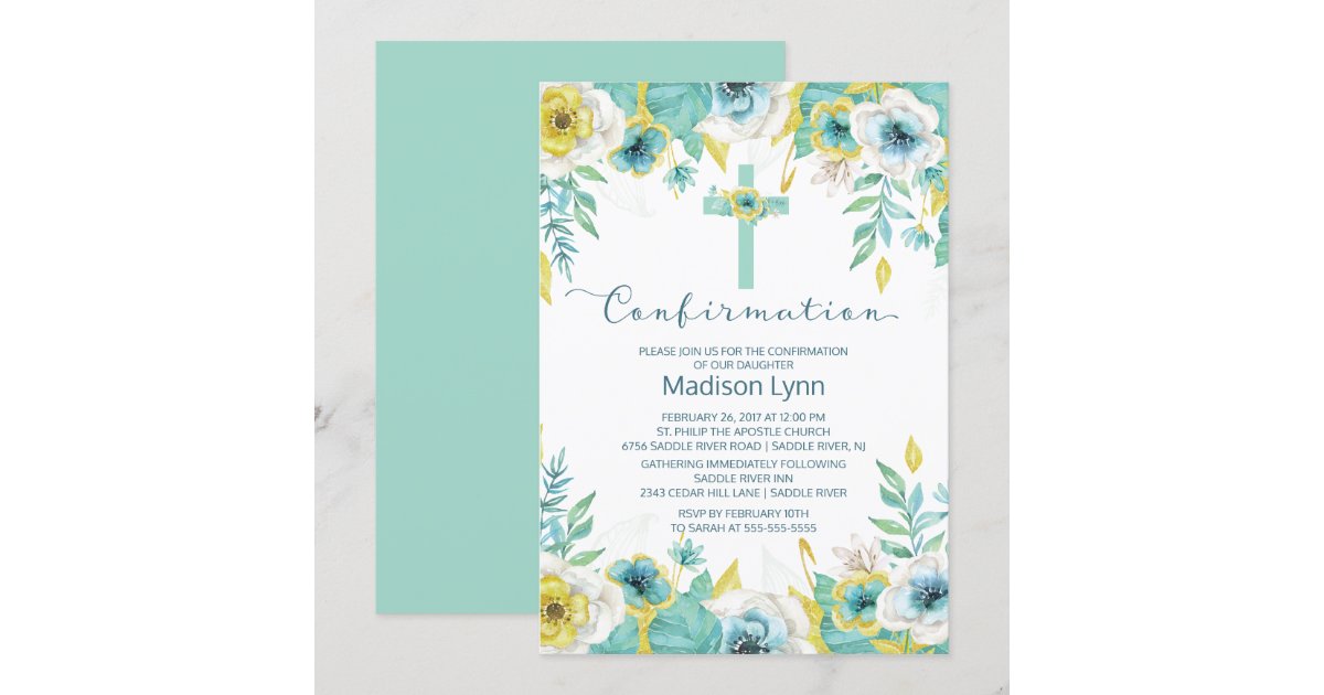 Modern Mint Floral Cross Confirmation Invitation | Zazzle