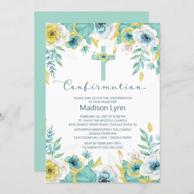 Modern Mint Floral Cross Confirmation Invitation | Zazzle