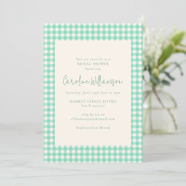 Modern Mint Green Gingham Plaid Bridal Shower Invitation | Zazzle