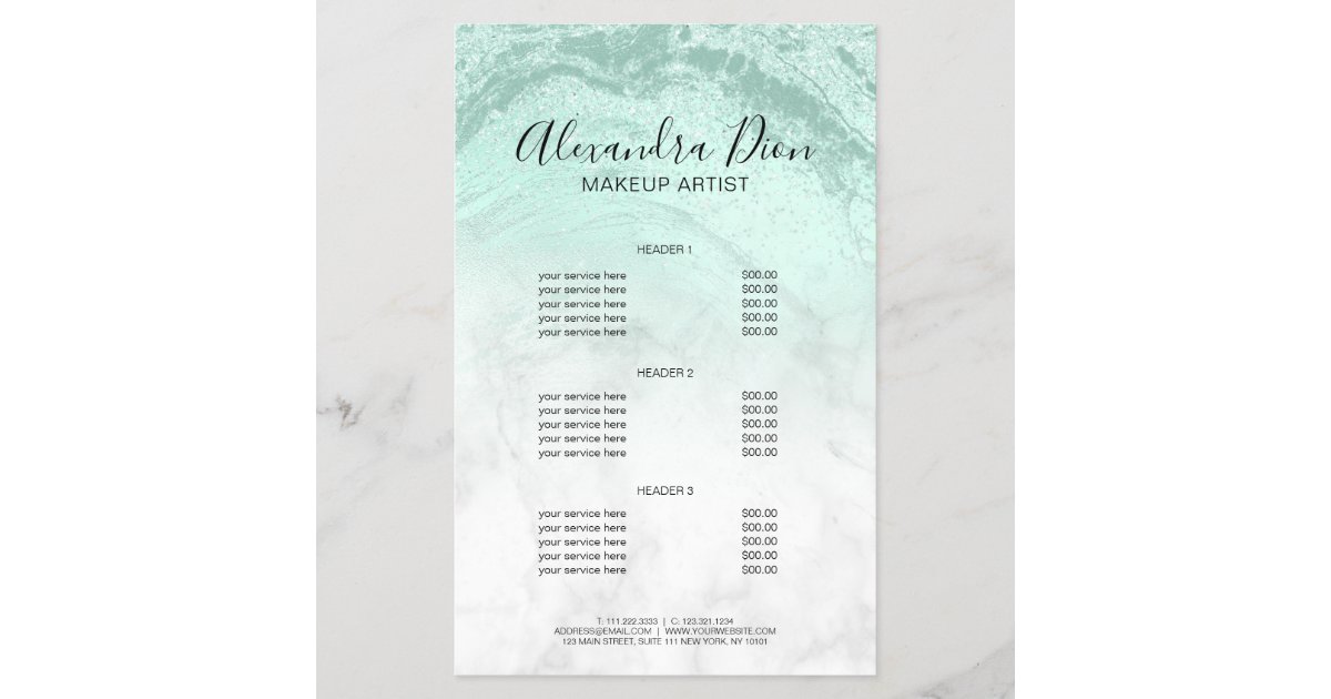 Modern mint green glitter marble makeup artist flyer | Zazzle