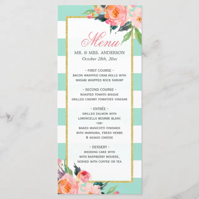 Modern Mint Green Stripes Floral Wedding Menu | Zazzle