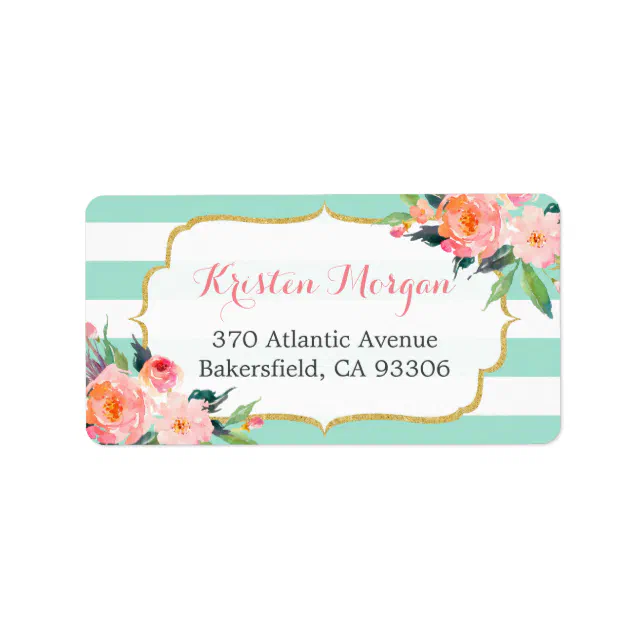 Modern Mint Green Stripes Watercolor Pink Floral Label | Zazzle