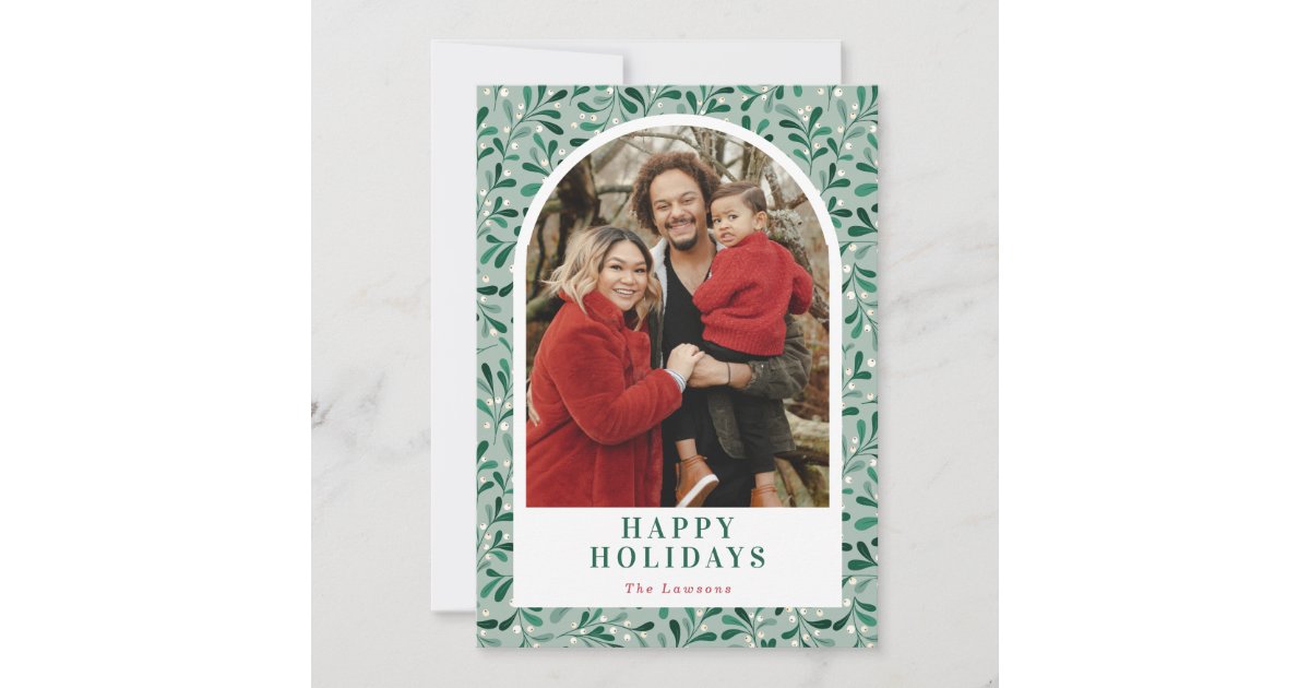 Modern Mistletoe Pattern Arch Photo Holiday Card | Zazzle