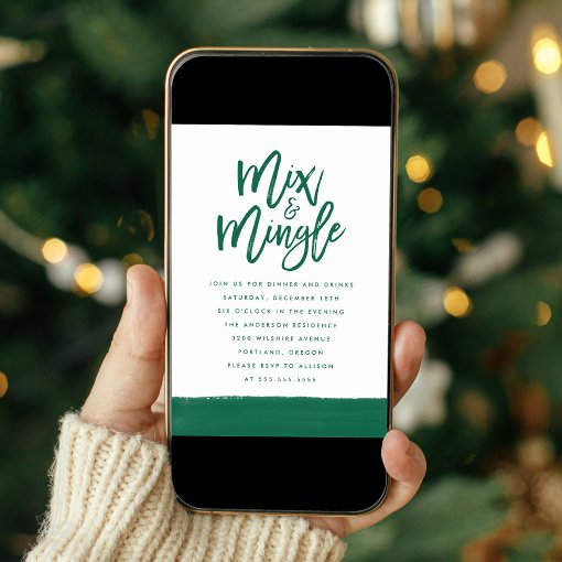 Modern Mix and Mingle Green Script Holiday Party Invitation | Zazzle