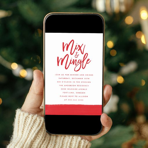 Modern Mix and Mingle Red Script Holiday Party Invitation | Zazzle