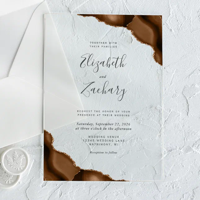 Modern Mocha Brown Gold Agate Corners Wedding Acrylic Invitations | Zazzle