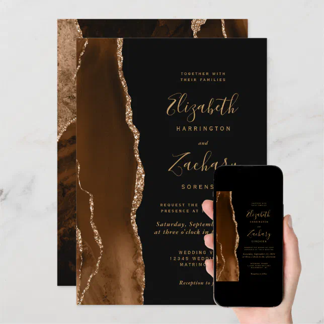 Modern Mocha Brown Gold Agate Dark Wedding Invitation | Zazzle