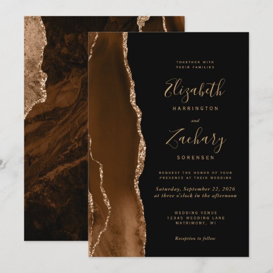 Modern Mocha Brown Gold Agate Dark Wedding Invitation | Zazzle.com