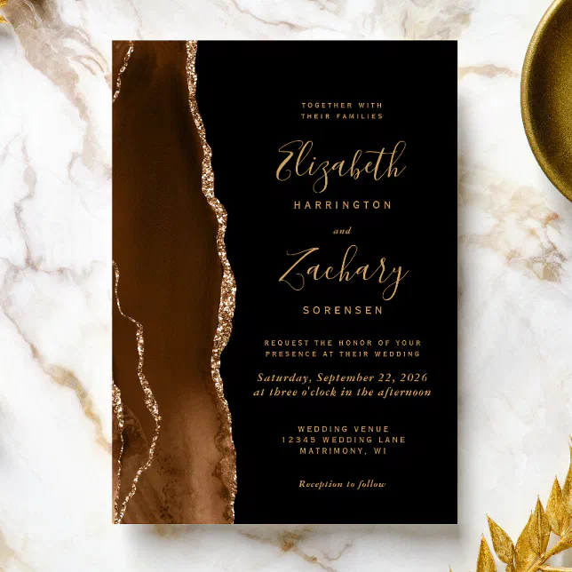 Modern Mocha Brown Gold Agate Dark Wedding Invitation | Zazzle