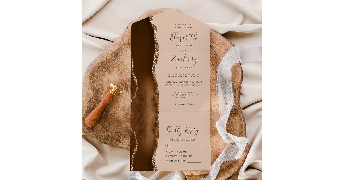 Modern Mocha Brown Gold Agate Tan Wedding All In One Invitation | Zazzle